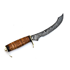 Skokie Knives Custom Hand Made Damascus Steel Hunting Knife Handle Stacked Leather With Double Brass Double Clip