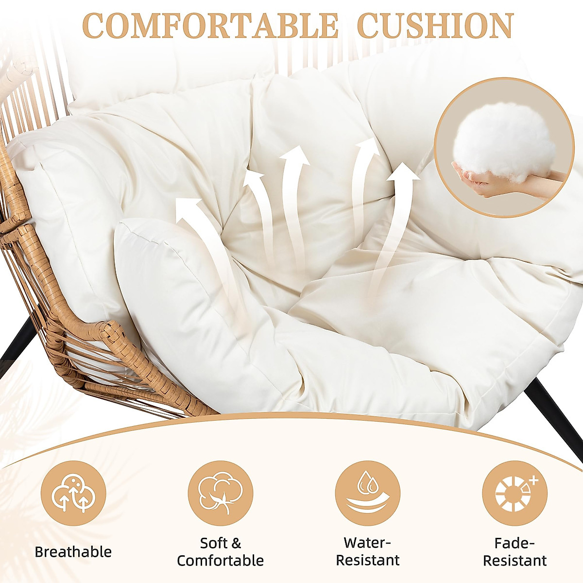 Vongrasig Wicker Egg Chair PE Rattan Chair with Cushion, Oversized Patio Lounge Chair for Outdoor, Indoor, Balcony, Backyard, Garden, Beige