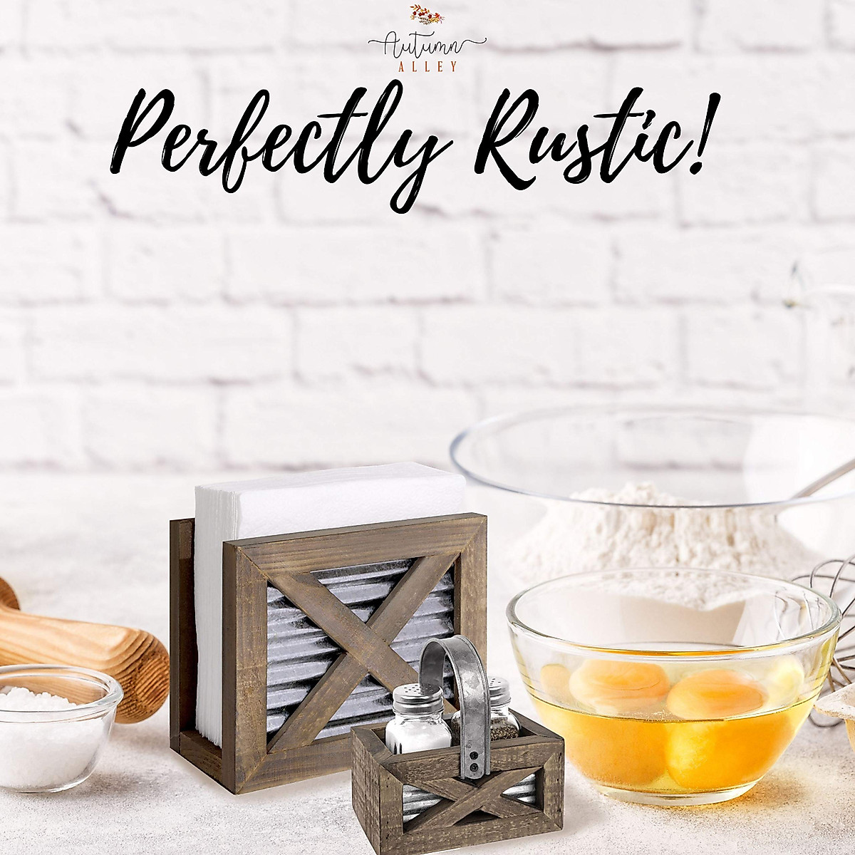 Autumn Alley Farmhouse Napkin Holder and Adorable Farmhouse Salt and Pepper Shakers Set With Wood Holder - Barn Door Motif, Galvanized Metal - Upright Rustic Napkin Holder Rustic Kitchen Décor (Brown)