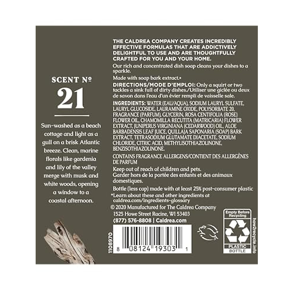 Caldrea Dish Soap, Biodegradable Dishwashing Liquid Made with Soap Bark and Aloe Vera, Rosewater Driftwood Scent, 16 oz