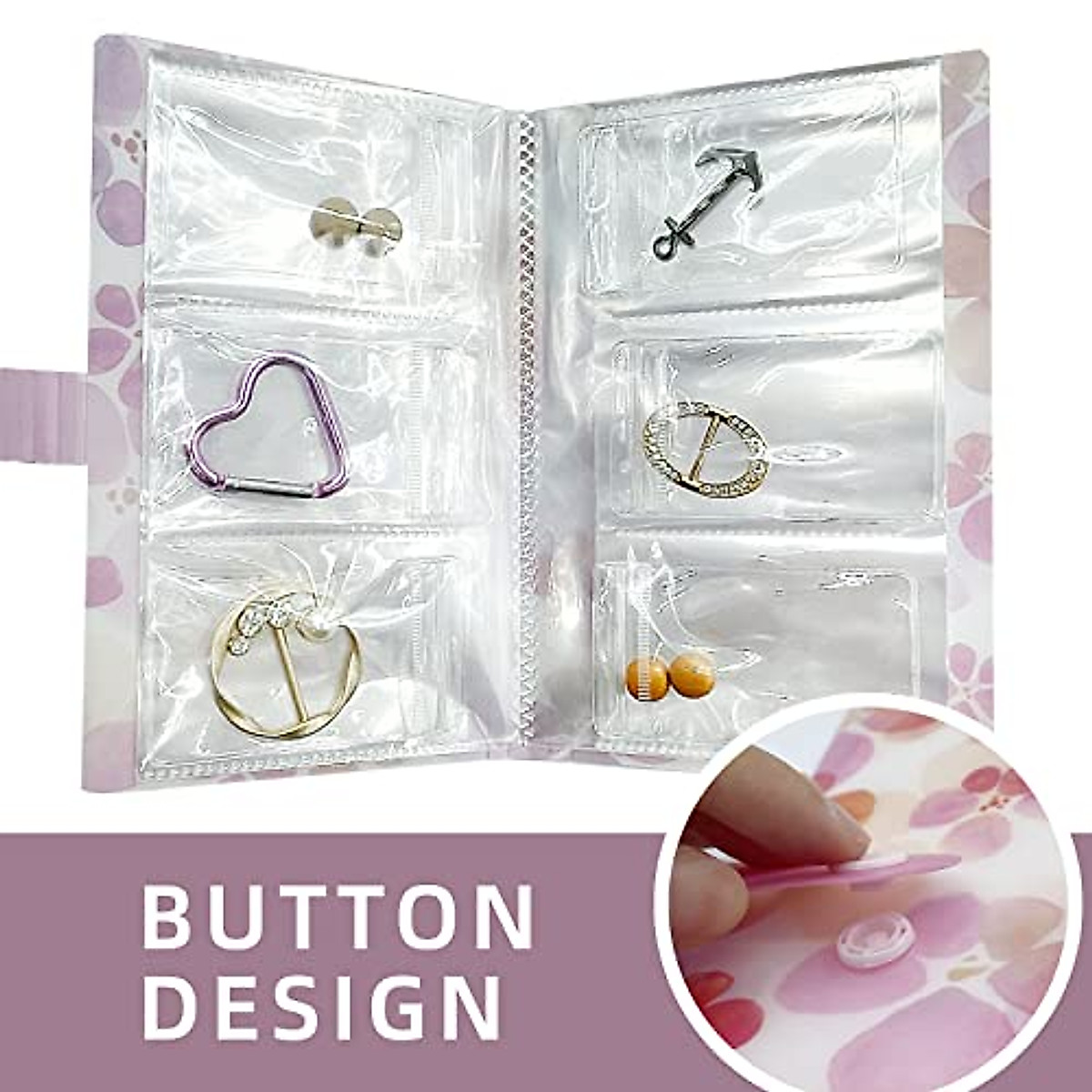 ROPAKED Beautiful Jewelry Storage Book with Pockets 120 Slots and 60 Pcs Clear Small Plastic Bags Ring Earring Organizer Book Card Holder Travel Pouch for Jewelry (Flower)