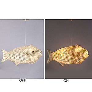 PARREN Fish-Shape Lantern Chandelier Hand-Wove Lamp Shade Modern Boho Style Bamboo Art Wicker Pendant Lamp Adjustable Ceiling Lighting Fixture Over Kitchen Island for Living Room,Dining Room Bedroom