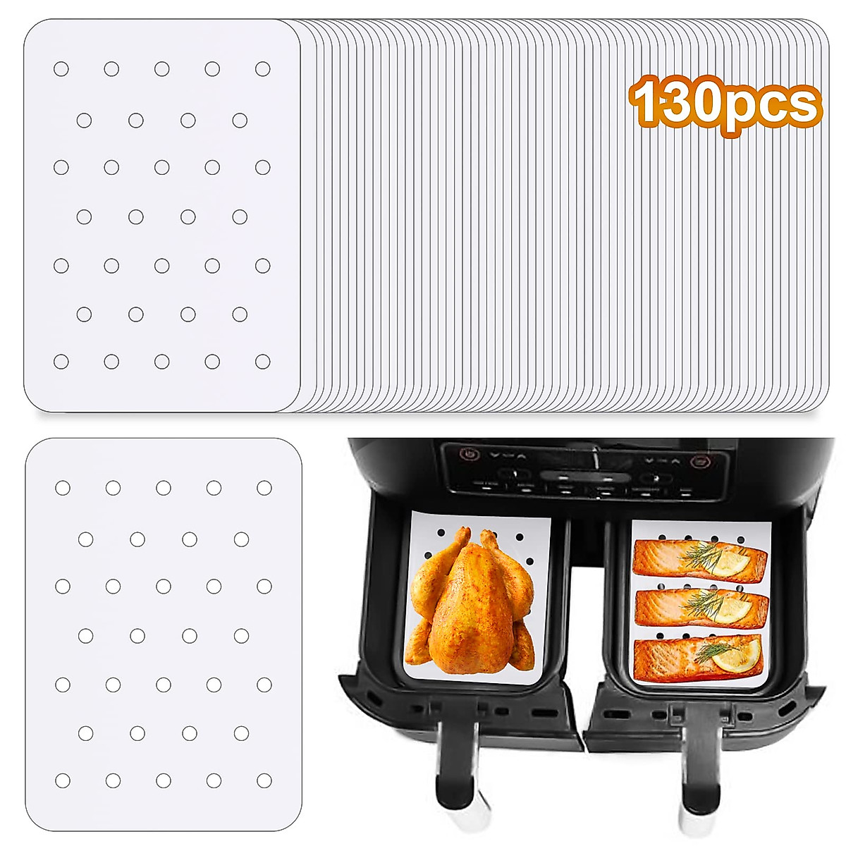 BABORUI 130Pcs Air Fryer Baking Parchment, Disposable Air Fryer Baking Papers Compatible with Ninja Foodi Dual Air Fryer DZ201, Non-Stick Parchment Baking Paper Air Fryer Accessories with Holes