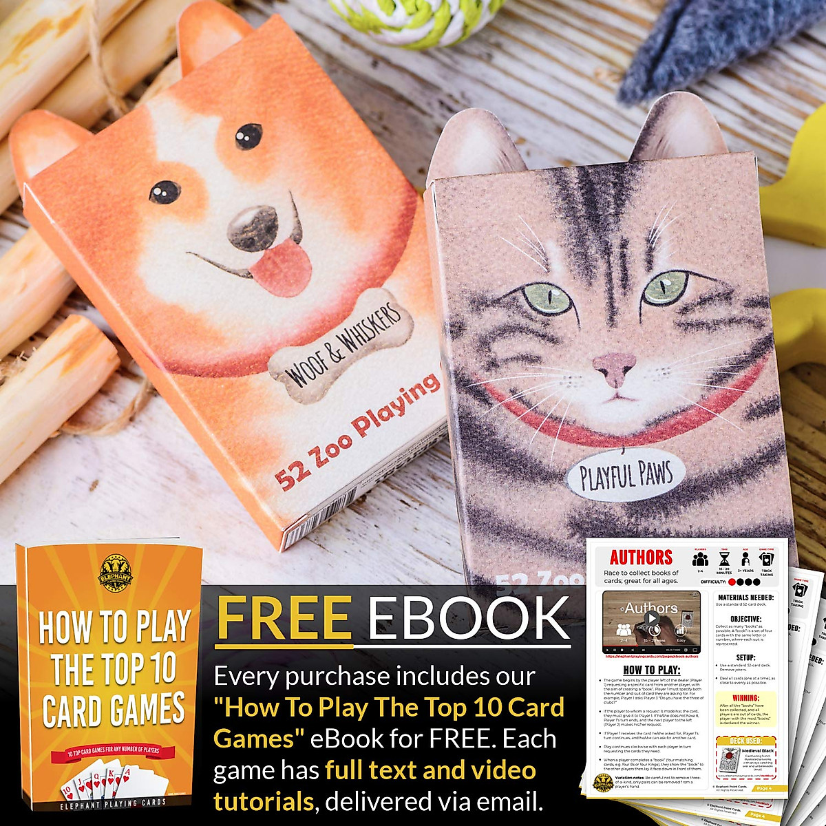 Zoo52 Playful Paws Playing Cards – Beautiful Cat & Dog Deck of Cards with Free Card Game eBook, Hand Illustrated Water Color Poker Cards. Unique Box and Intricate Detail for Cool