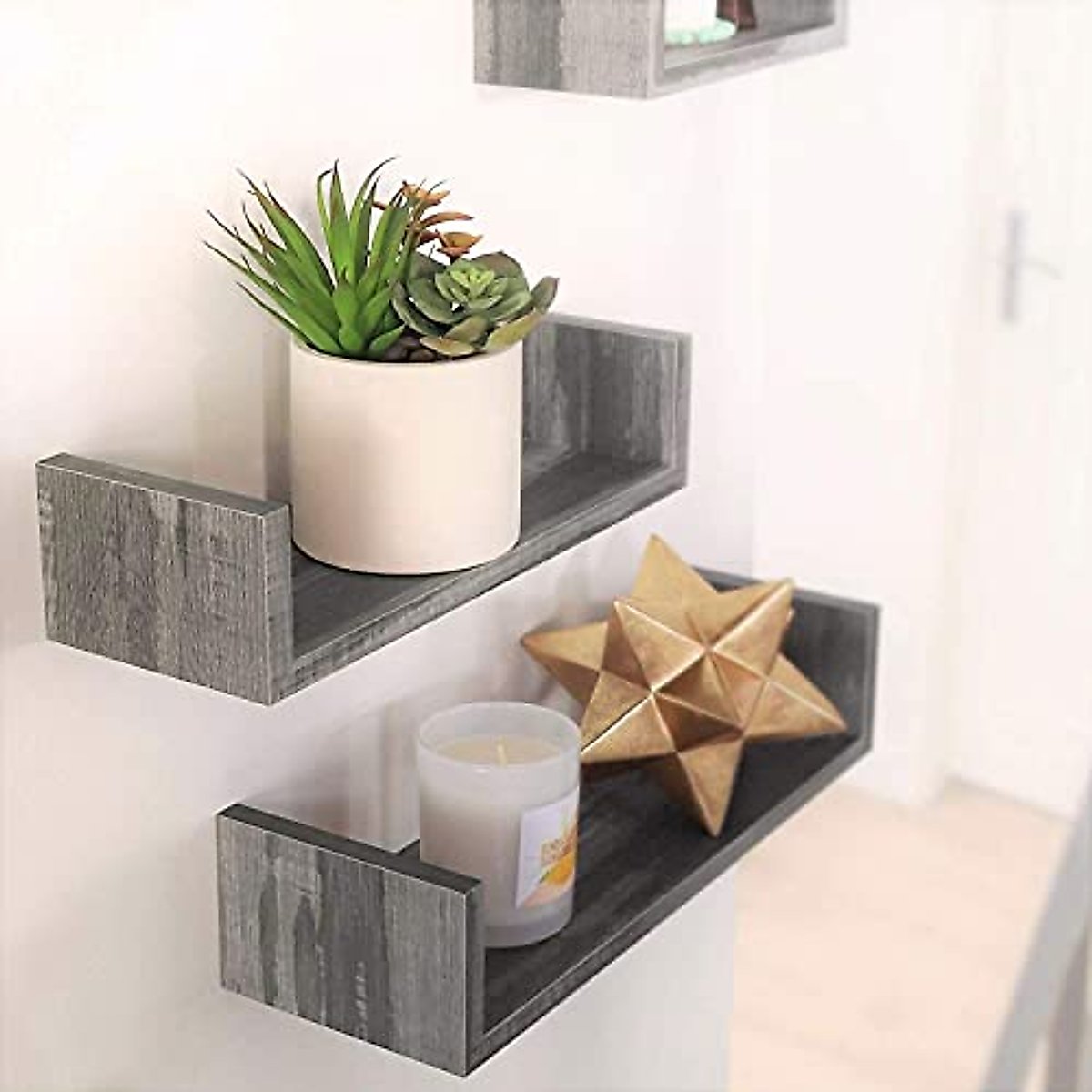 Under.Stated Floating Shelves U Shaped, Rustic MDF with PVC Wall Mounted Display Rack, Multi-Purpose Hanging Shelves Set of 3 (Rustic Grey)