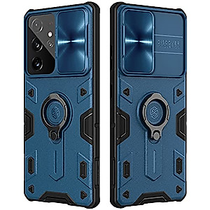 CloudValley for Galaxy S21 Ultra Case with Camera Cover & Kickstand, Slide Lens Protection+360° Rotate Ring Stand, Impact-Resistant, Shockproof, Protective Bumper Case for Samsung S21 Ultra 5G, Blue