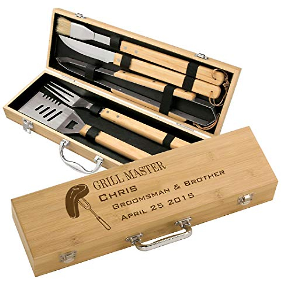 Personalized BBQ Grilling Set with 5 Tools, Laser Engraved with Designs and Names, Grillmaster
