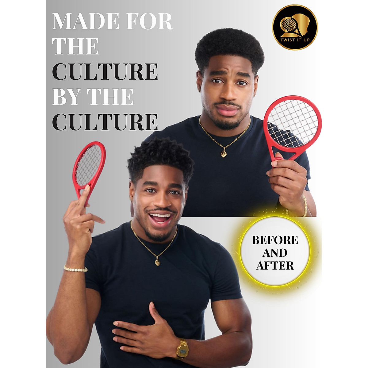 Twist Up Comb (Bond Black) - Alternative for Hair Sponges, Creates Curls and Twists for Black Men, Tennis Racket Design
