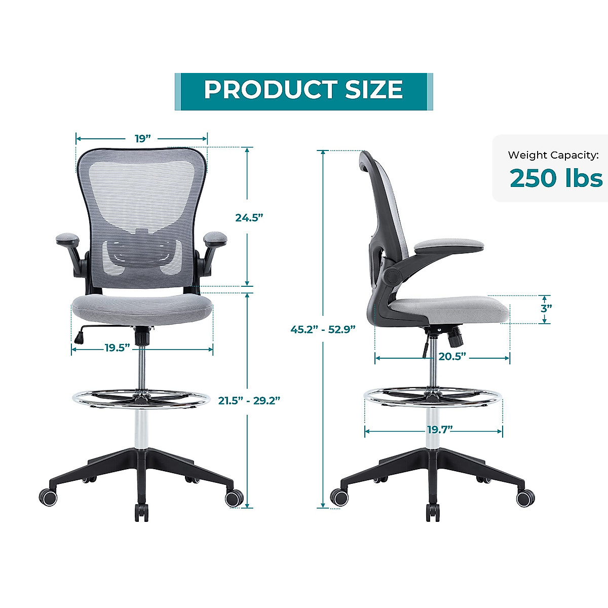 Hramk Ergonomic Office Drafting Desk Chair with Flip up Arms, Mesh Back Tall Office Chair with Adjustable Lumbar Support and Foot Ring (Nylon Wheelbase, Grey)