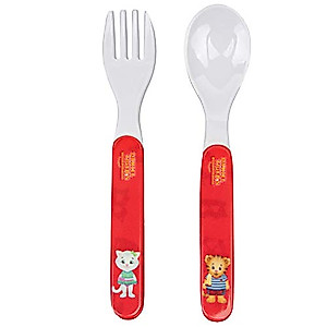 Daniel Tiger 5 Pc Mealtime Feeding Set for Kids and Toddlers - Includes Plate, Bowl, Cup, Fork and Spoon Utensil Flatware - Durable, Dishwasher Safe, BPA Free (Red)