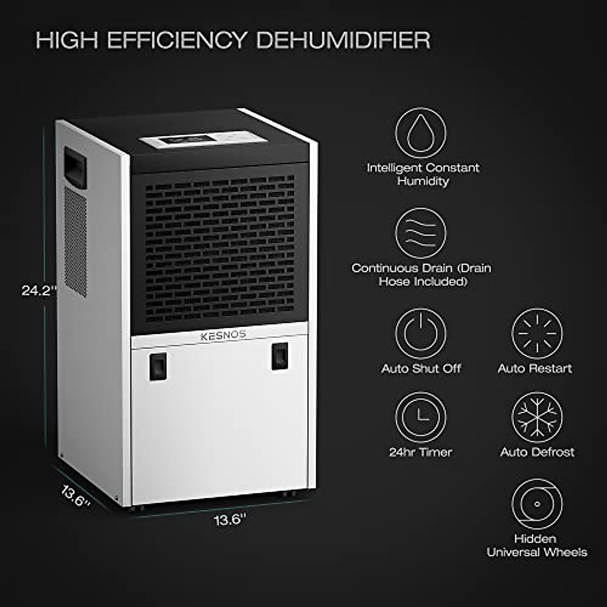 Kesnos 155 Pint Commercial Dehumidifier with 6.56 ft Drain Hose and 1.32 Gallon Water Tank for Space up to 7500 Sq. Ft - 24 Hr Timer Ideal for Basements, Industrial or Commercial Spaces and Job Sites