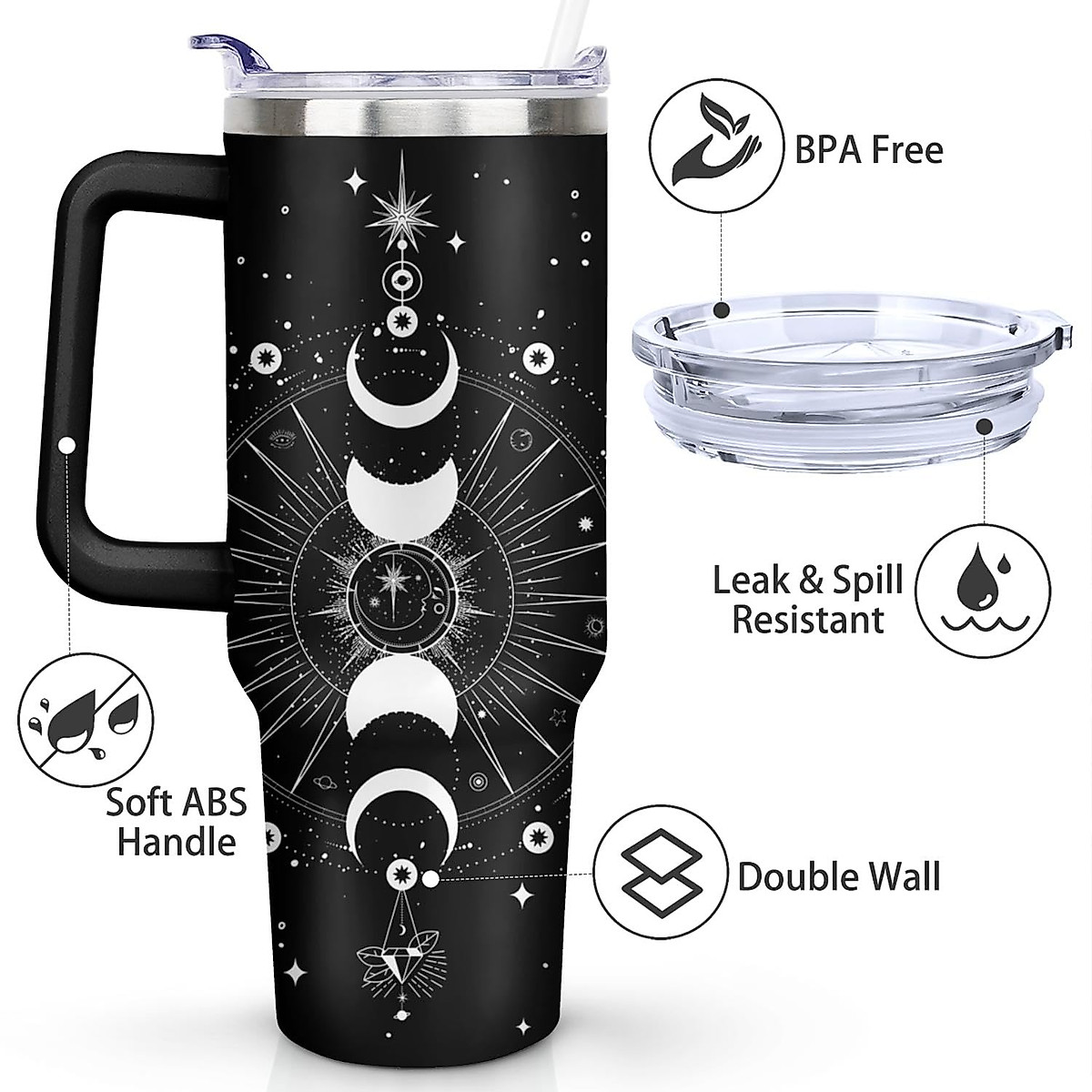 wxmbdzq 40 oz Sun and Moon Tumbler with Handle and Straw Lid,Leak Proof Travel Stainless Insulated Tumbler,Cup Holder Friendly,Perfect for Outdoor Travel Car and Sports