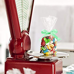 HESTYA 50 Counts 15 x 25 cm Clear Flat Cello Cellophane Treat Bags Cellophane Block Bottom Storage Bags Sweet/Party/Gift/Home Bags with Colorful Bag Ties (Grosgrain Ribbon)