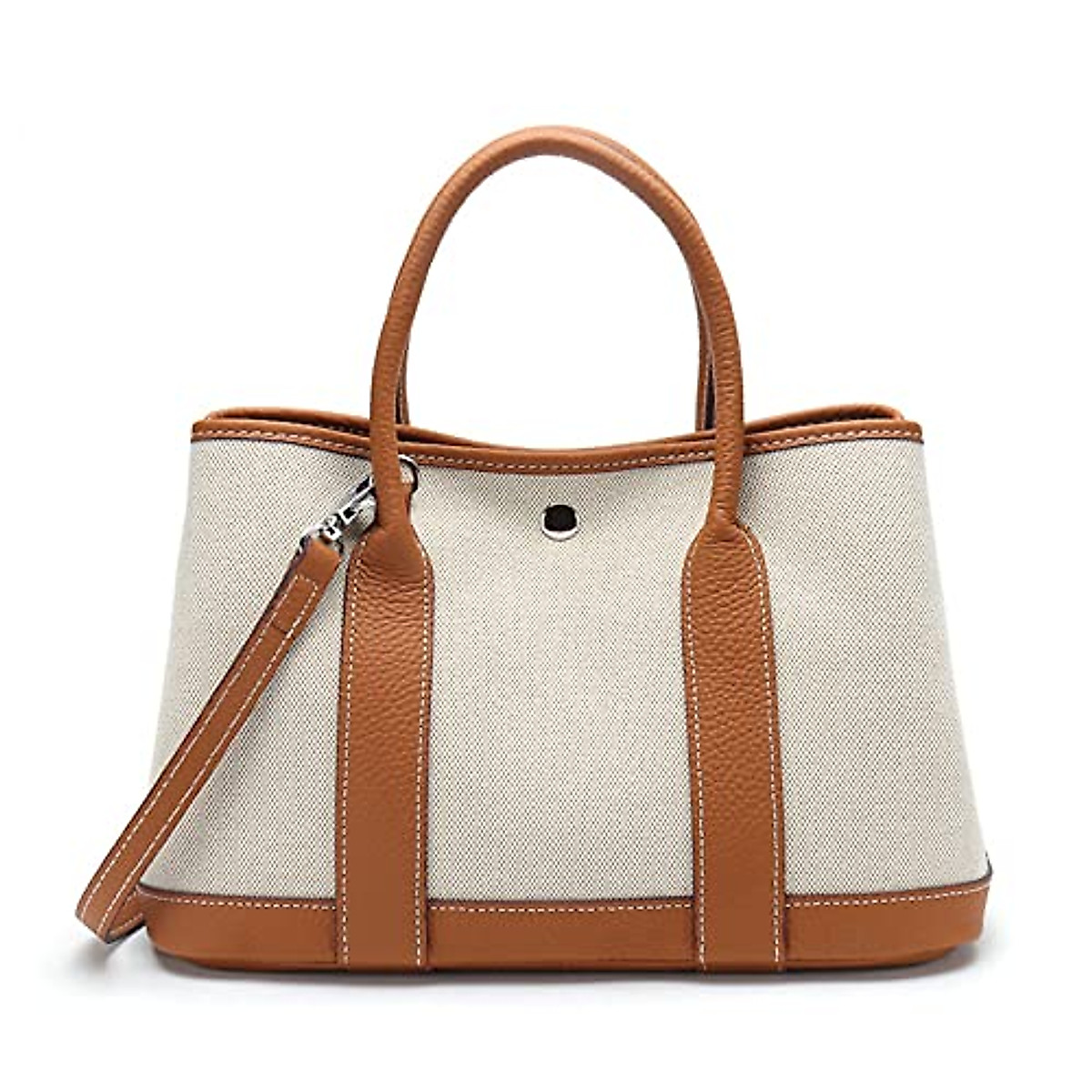 women's leather canvas garden party tote bag Crossbody shoulder bag handbag (Brown, M(30*22*14cm))