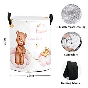 Cute Teddy Bear Stars Personalized Laundry Basket Clothes Round Storage Handle Waterproof, Custom Foldable Large Capacity and Lightweight, For Bedroom Bathroom Toy Decoration