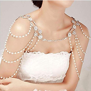 Suoirblss Lady Tassel Shoulder Body Chain Wedding Bridal Imitation Pearl Rhinestone Shoulder Necklace - Wedding Body Statement Jewelry