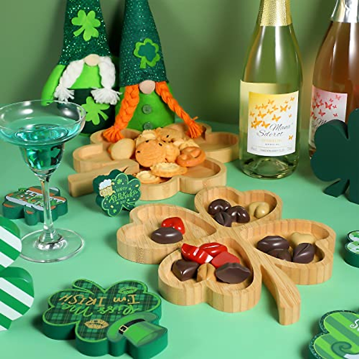 2 Pcs Large Clover Shaped Serving Plates Wooden Shamrock Sectional Serving Tray St Patrick's Day Four Leaves Shaped Platters Irish Serving Dishes Appetizer Section Platter for St Patrick's Supplies