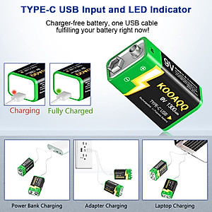 4-Pack Rechargeable 9V Batteries, High Capacity 1300mAh 9 Volt Lithium-ion Long Lasting Power, USB-C Recharge with 2 in 1 Charging Cable for Smoke Alarms,Multimeters,Toys,Microphones,Walkie-Talkie