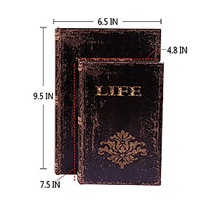 WaaHome Faux Book Box Antique Wooden Leather Jewelry Keepsake Boxes Set with Floral Decoration,Set of 2