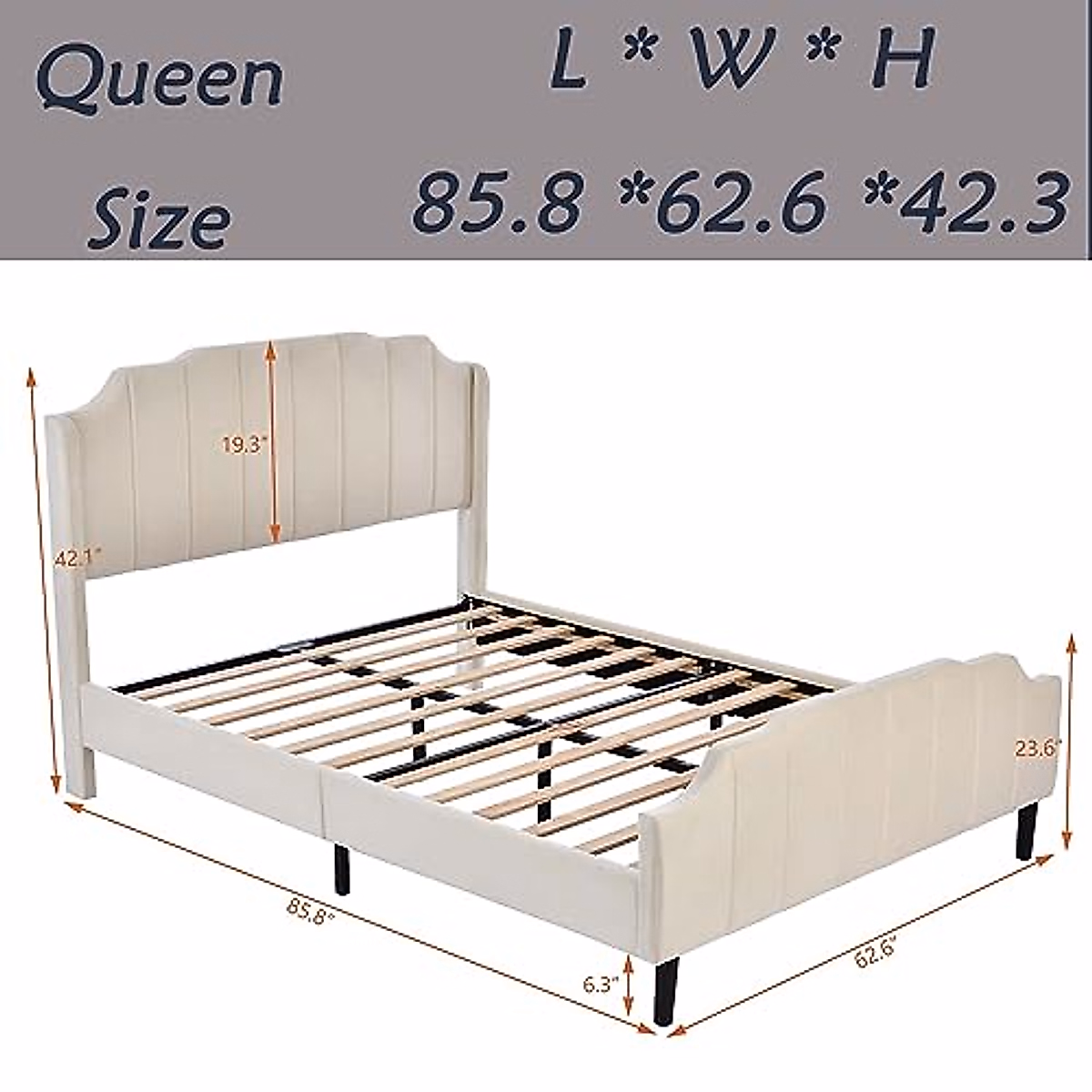 Upholstered Platform Bed, Queen Size Platform Bed Frame with Velvet Headboard & Footboard, Sturdy Wooden Slats Support, No Box Spring Needed for Bedroom Boys Girls Room Home Furniture (Beige)