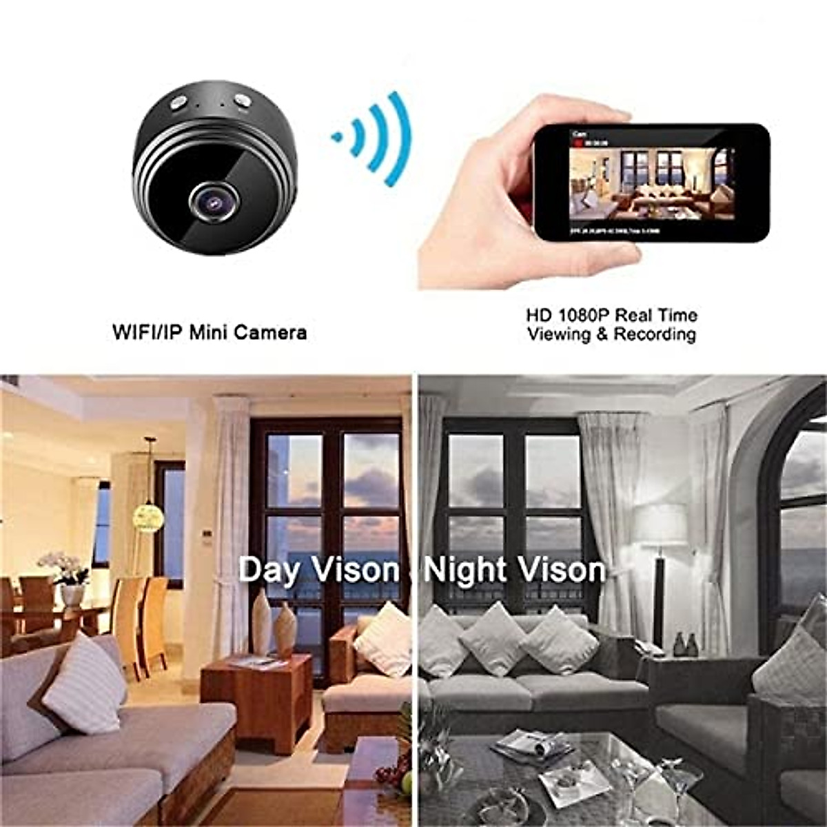 Mini Camera, Wireless WiFi Motion Detects Magnetic Camera, HD 1080P Portable Home Security Cameras Covert Nanny Cam Small Indoor Outdoor White Video Recorder Motion Activated Night Vision (Black)