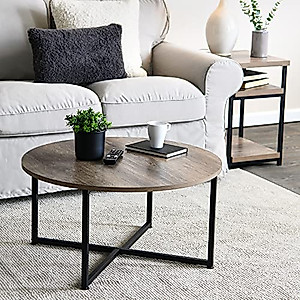 Household Essentials Jamestown Round Coffee Table Ashwood Rustic Wood Grain and Black Metal 31.5 x 31.5