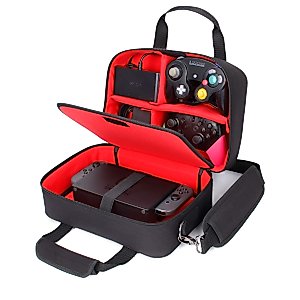 USA GEAR Carrying Case Compatible with Nintendo Switch, Gamecube Controller, Adapter, Pro-Controller, and More Gaming Accessories - Customizable Interior, Shoulder Strap, and Padded Interior - Red