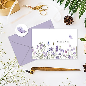 AnyDesign 24 Pack Wildflower Thank You Cards Bulk Purple Flower Greeting Cards with Envelope Sticker Floral Blank Note Cards for Birthday Wedding Baby Shower Bridal Shower, 4 x 6 Inch