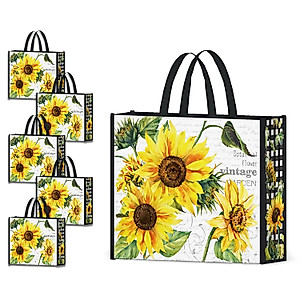 NymphFable 5 Pack Reusable Shopping Bags Sun Flowers Washable Grocery Bags Fabric Tote Bag