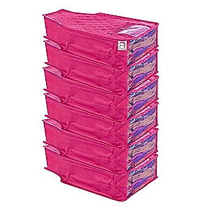 atorakushon 6 Piece Fabric Satin Blouse Cover Clothes Storage Bag Set With Transparent Window Wardrobe Garments Organizers (Pink)
