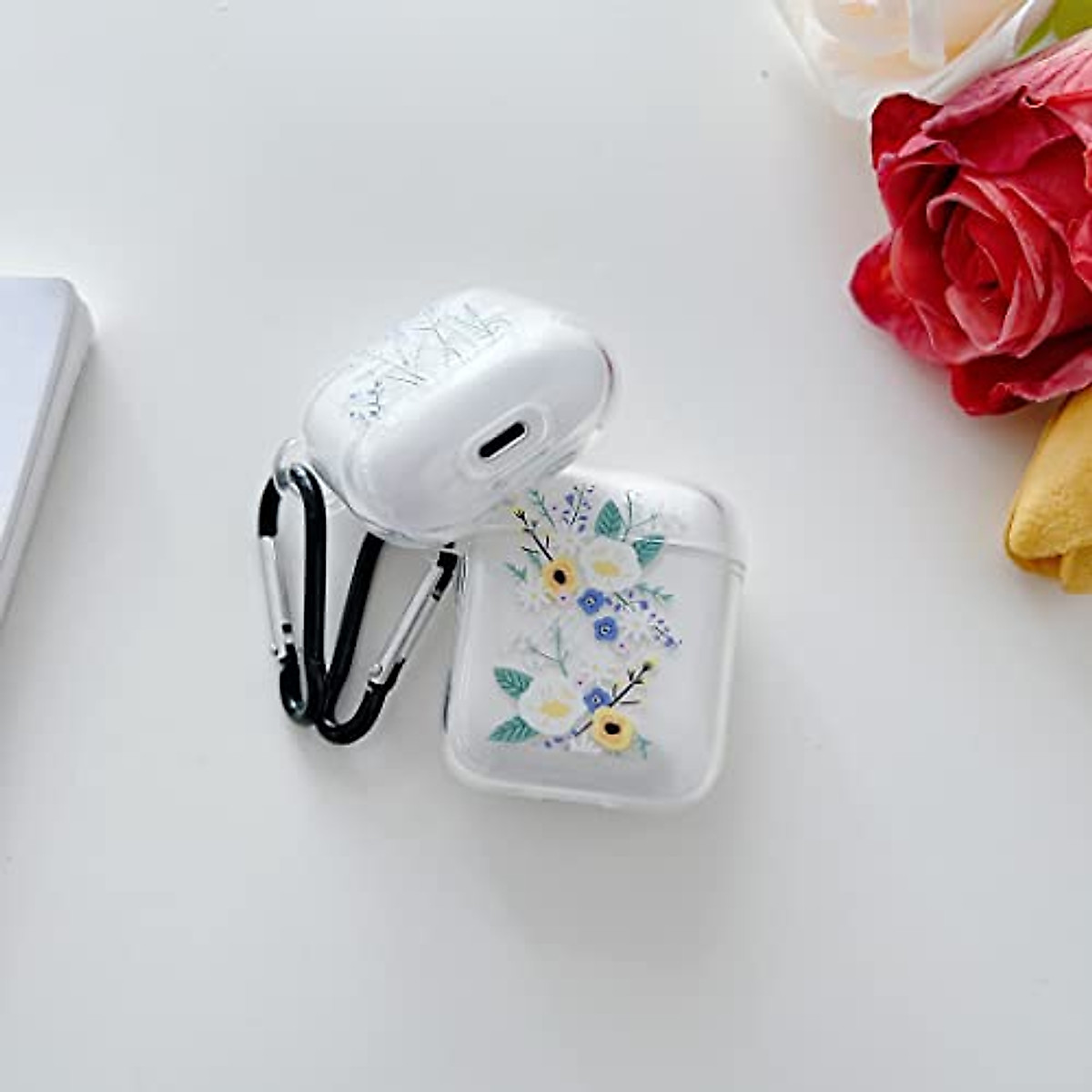 HJWKJUS Compatible with AirPods 1&2 Case for Women Girls,Elegance Lovely Floral Flower Blooms Soft Clear TPU Case with Keychain Anti-dust Shockproof Protective Cover for AirPods 1&2-P