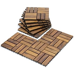 ASESVIDA Acacia Interlocking Deck Tiles - Premium 9 Pack Outdoor Flooring 12 Slats - Waterproof, Durable Wood Patio Tiles for Garden, Balcony, Backyard - Ring Joint Design (12 slats, Acacia, 9)