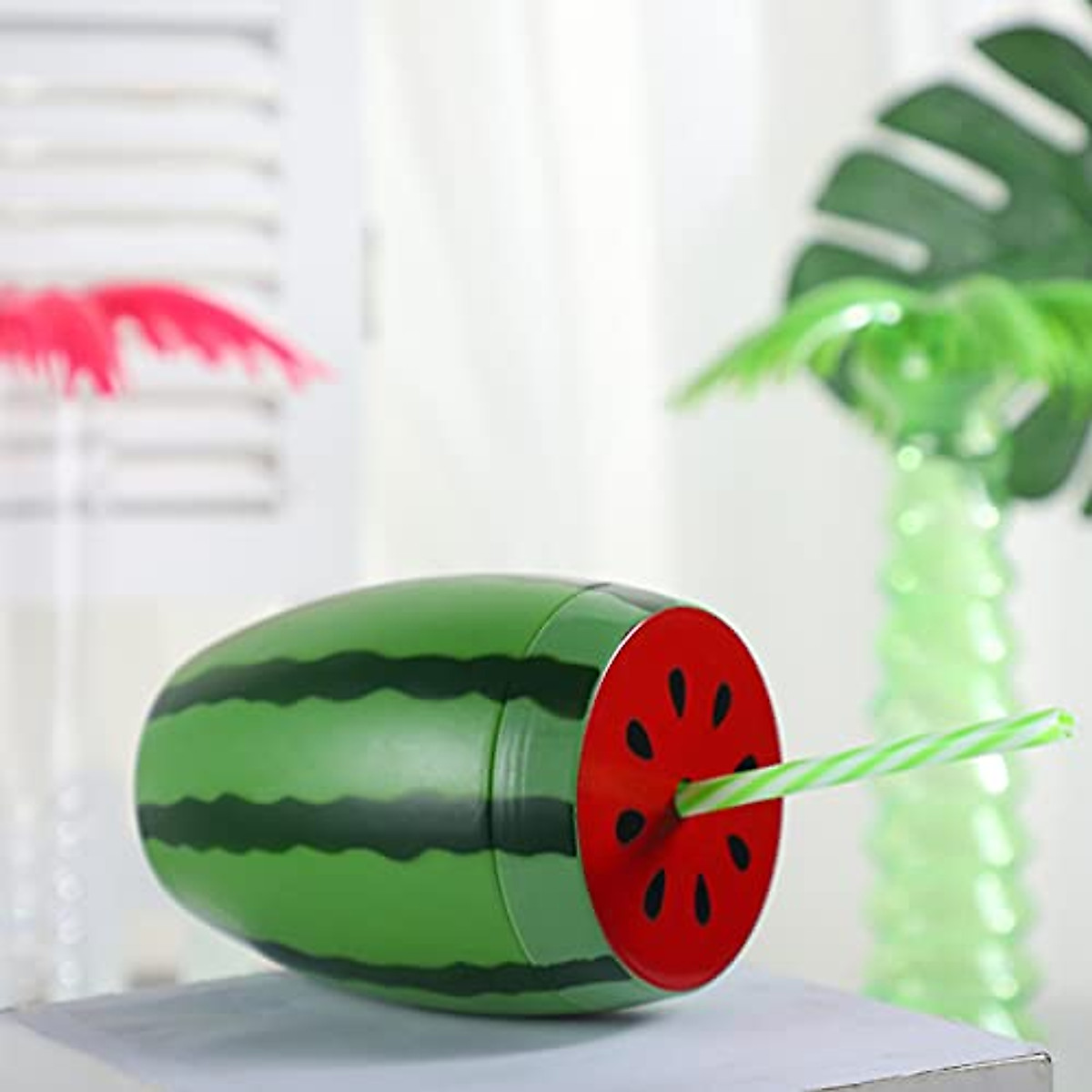 NUOBESTY 4pcs Fruit Shaped Cup Plastic Drinking Cup Watermelon Sippy Cup with Straw Lids for Summer Hawaiian Tropical Luau Party Supplies