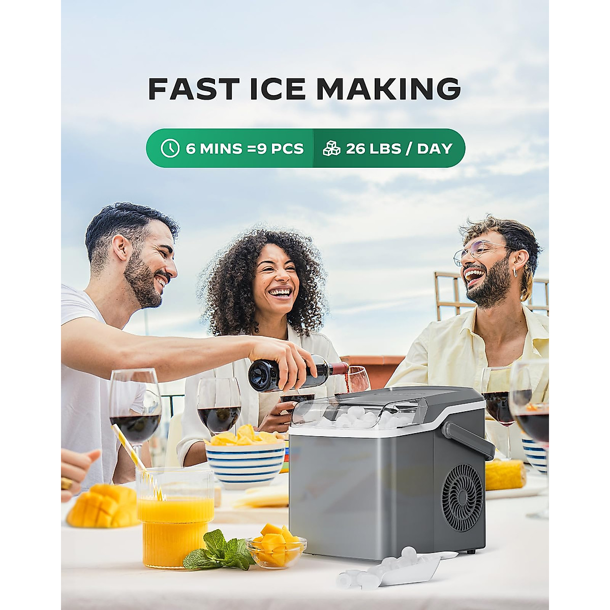 Silonn Countertop Ice Maker, 9 Cubes Ready in 6 Mins, 26lbs in 24Hrs, Portable Ice Machine with Self-Cleaning, 2 Sizes of Bullet Ice for Home/Kitchen/Party/RV, Grey