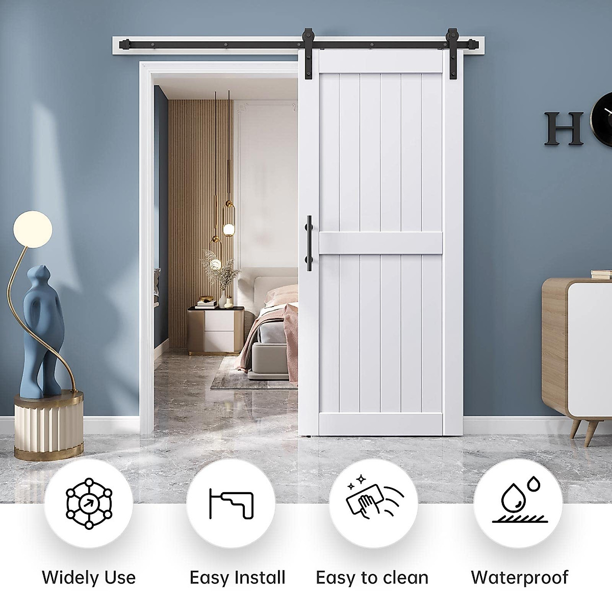 EaseLife 36in x 84in Sliding Barn Door with 6.6FT Barn Door Hardware Track Kit Included,Solid LVL Wood Slab Covered with Water-Proof & Scratch-Resistant PVC Surface,DIY Assembly,Easy Install,White