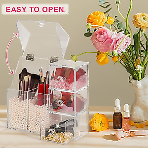 weddingwish Makeup Brush Holder with 3 drawers, Acrylic Makeup Organizer, Covered Costmetic Storage Box with Pink Beads,Heavy-Duty Acrylic, Bathroom Cosmetics Storage System…