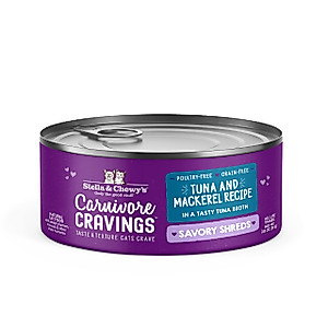 Stella & Chewy’s Carnivore Cravings Savory Shreds Cans – Grain Free, Protein Rich Wet Cat Food – Wild-Caught Tuna & Mackerel Recipe – (2.8 Ounce Cans, Case of 12)