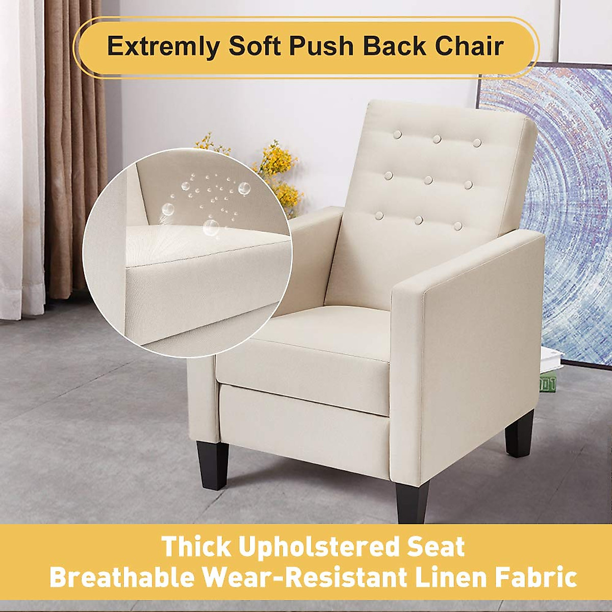 ECOTOUGE Massage Mid-Century Modern Fabric Recliner, 2 Set of Push Back Recliner Chair w/Side Pocket and Button Tufted Single Sofa Chair for Adults Livingroom Bedroom Home and Office, Beige