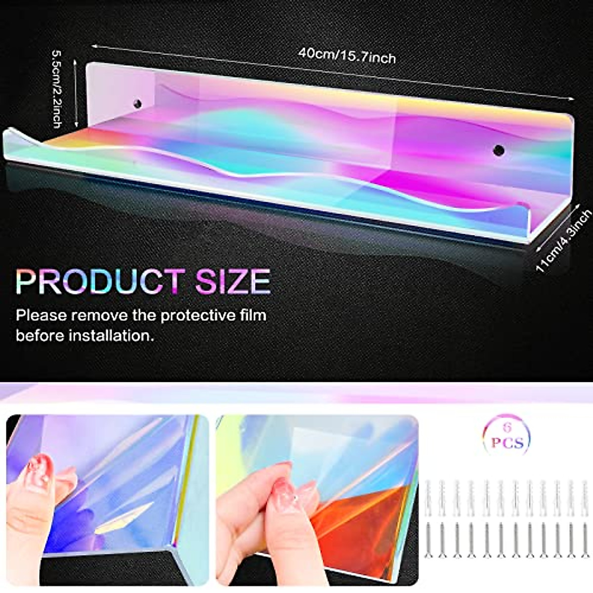 6 Packs Iridescent Clear Acrylic Floating Shelves, DILIBRA 15.7 Inch Large Funko Pop Display Case Picture Ledge Shelf, Acrylic Floating Wall Bookshelf Organizer for Kids Room Bathroom Nursery