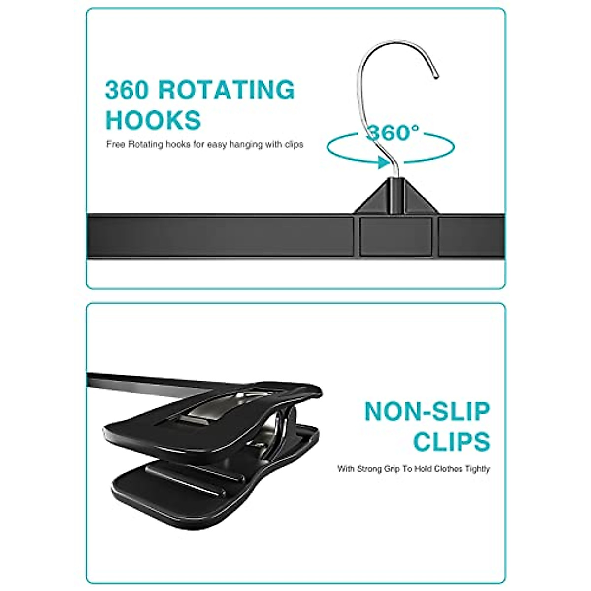 Titan Mall Pants Hangers - 30 Pack, Plastic Skirt Hanger with Non-Slip Big Clips and 360 Rotatable Chrome Hook, Heavy Duty Pants Hangers, Elegant and Economical for Hanging Pants (10 Inch, Black)