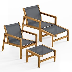 Devoko Patio Furniture Set 4 Piece Outdoor Conversation Set Acacia Wood and Textile Chairs with Footstool for Patio, Lawn, Garden, Poolside