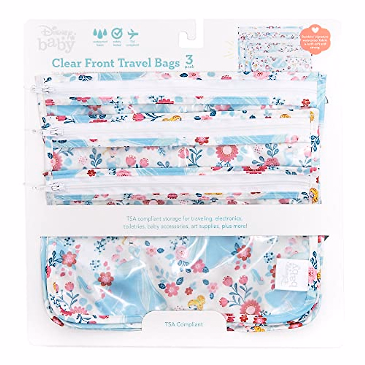 Bumkins Disney Travel Bag, Toiletry, TSA Approved Pouch, Zip Bag, Quart Size Airline Compliant, Clear-Sided, Baby, Diaper Bag Organization, Accessories, Packing, Set of 3 Sizes, Cinderella