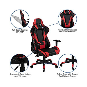 Flash Furniture X20 Fully Reclining LeatherSoft Racing Style Gaming Chair with and Lumbar Pillows, Ergonomic Padded Swivel Computer Chair, Red/Black