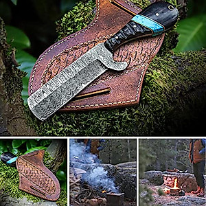 Warlocks Club Handmade Damascus Hunting Knife, 8" Fixed Blade Knife with Sheath, Full Tang Cowboy Knife, Skinning Knife, EDC Bull Cutter Knife for Outdoor Camping