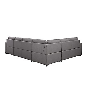 U-Shaped Oversized Polyester Sectional Sofa with Pull Out Sleeper Couch Bed & Storage Chaise Lounge, King Functional Sofá w/ 4 Pillows for Large Flat Mansion Villa Living Room Furniture Sets, Grey