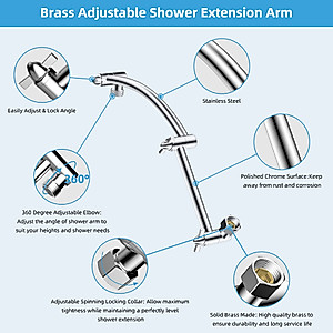 Hibbent All Metal 16'' Shower Head Extension Arm Solid Brass Flexible Height & Angle Adjustable Shower Arm Extender with Lock Joint, Universal Connection Stainless Steel Pipe Height Extending, Chrome