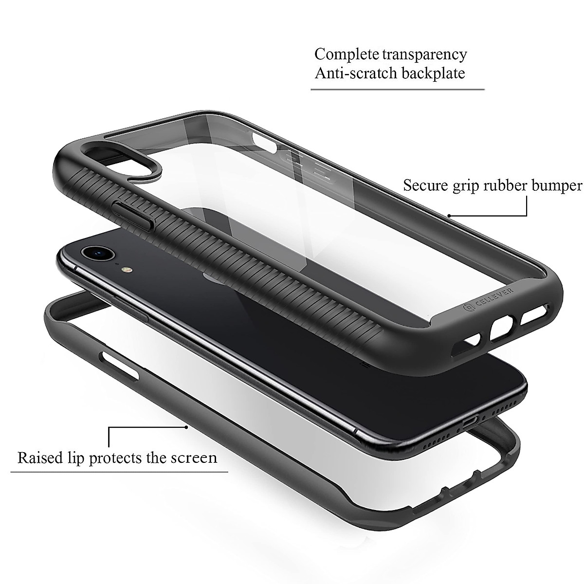 CellEver Clear Full Body Case for iPhone XR, Heavy Duty Protection with Anti-Slip TPU Bumper and [2 Tempered 9H Glass Screen Protectors] Shockproof Transparent Phone Cover 6.1 Inch (Black)