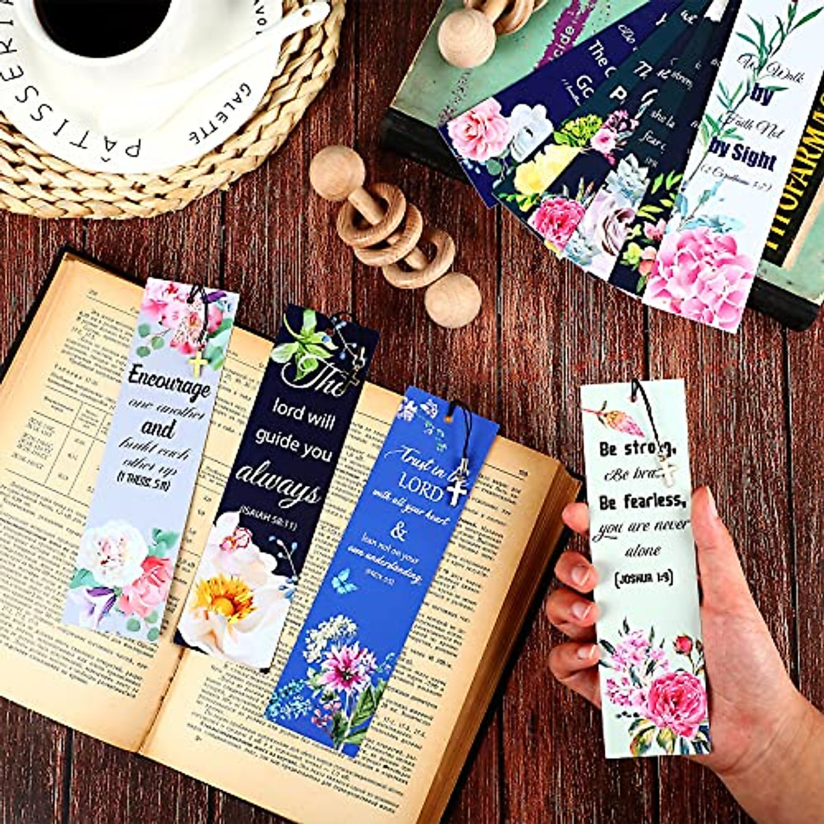 20 Pieces Bible Verses Inspirational Scripture Bookmark Motivational Positive Page Marker with Cross Pendants for Church Supplies, Schools and Ministries (Flower Style)