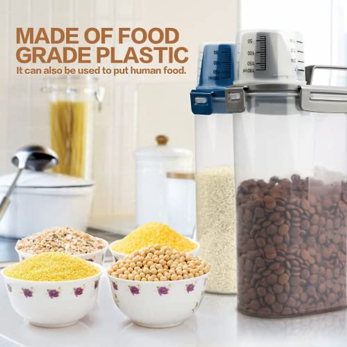 TIOVERY Upgraded Dog Food Storage Container Small, Cat Food Container Airtight, Pet Food Container Dispenser with Pour Spout, Measuring Cup and 4 Seal Buckles for Dogs, Cats, Birds (Grey)