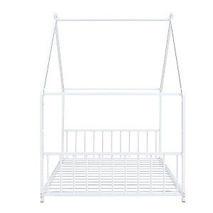 DNYN Twin Size Metal House Bed with Roof Design for Kids Bedroom,Sturdy Steel Bedframe,No Box Spring Needed, White